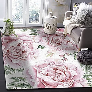 Pink Rose Flower Area Rug, Common Peony Flower Decorative Rug, Easy Clean Carpet with Anti-Slip Backing Durable Not Falling Off for Bedroom Living Room Dining Room Office 5ftx7ft