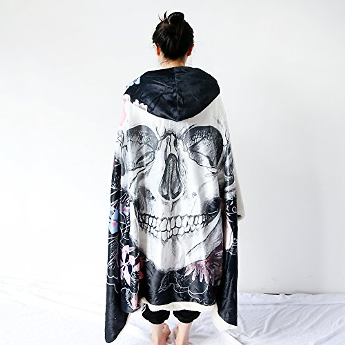 Sleepwish Sugar Skull Plush Wearable Hooded Blanket Skull Flowers Floral Watercolor Fleece Blanket Poppy Rose Sherpa Blanket (Adults 60"x 80")