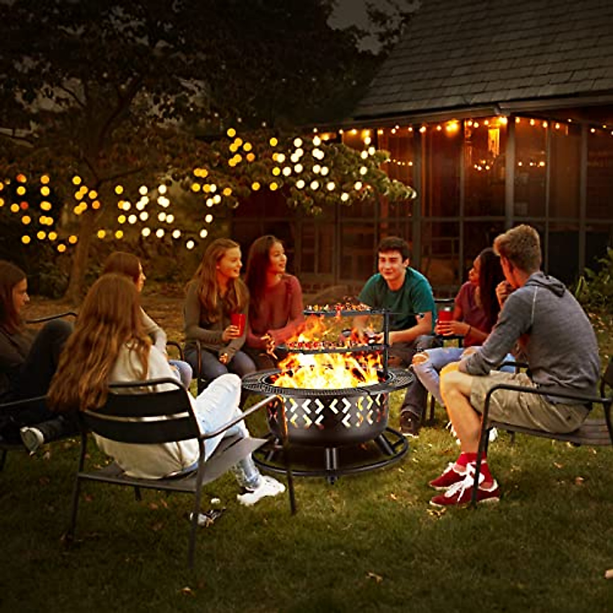 Cityflee 32 Inch Fire Pit for Outside with 2 Grills, Outdoor Wood Burning Firepit Large Steel Firepit for Patio Backyard Picnic Garden with Wood Grate & Poker