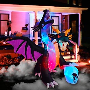 BLOWOUT FUN 8.3FT Long 7FT Tall Inflatable Halloween Giant Fire & Ice Twin-Headed Dragon Decoration, Flash LED Blow Up Lighted Clearance Decor Indoor Outdoor Holiday Art Decor Decorations