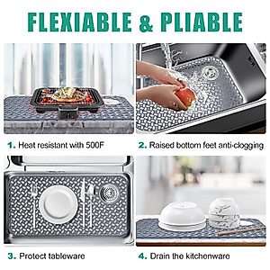 JUSTOGO Silicone Sink Mat 28.2''x 14.2'', Grey Sink Protectors for Kitchen Sink Grid Accessory, 1 PCS Non-slip Sink Mats for Bottom of Kitchen Farmhouse Stainless Steel Porcelain Sink Right & Left