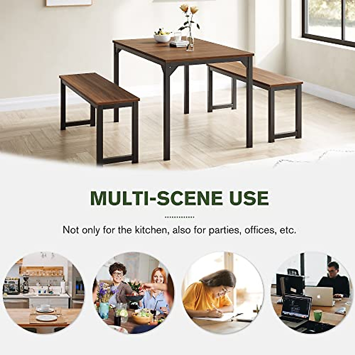 IMUsee 45" Dining Table Set for 4, 3-Pieces Kitchen & Dining Room Sets with Benches, Metal Frame and Wood Board, Sturdy Structure, Easy Assembly, Small Space Dinette, Walnut & Black