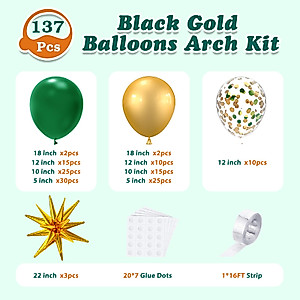137Pcs Green and Gold Balloons Garland Arch Kit with Stars - 5 10 12 18 inch Dark Green Gold Confetti Latex Balloons for Birthday Baby Shower Emerald Green Jungle Party Decorations