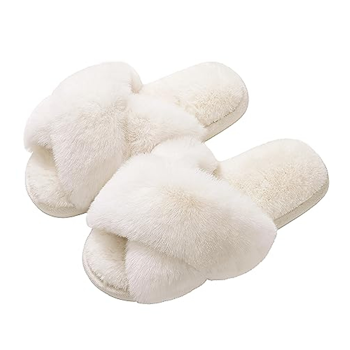 Evshine Women's Fuzzy Slippers Cross Band Memory Foam House Slippers Open Toe Indoor Outdoor Shoes, Beige, Size 7-8