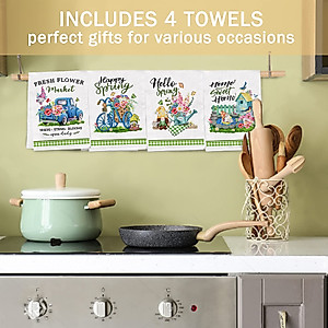 Spring Kitchen Towels, Hello Spring Blue Truck Gnomes Dish Towels Set of 4, Flowers Vase Blossoms Bike Home Sweet Home Seasonal Tea Hand Towels Dishcloths Housewarming Gifts for Home Decorations