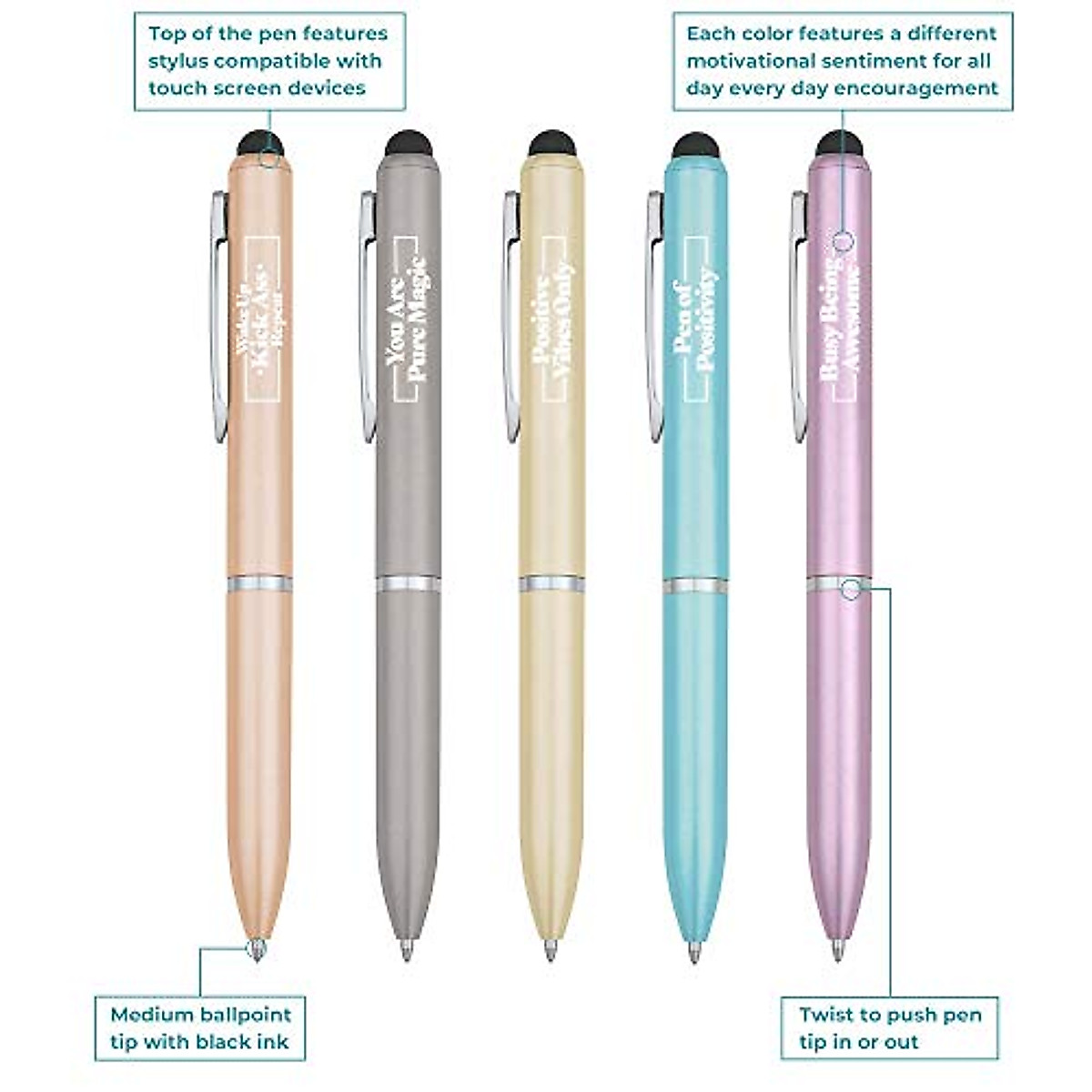Cheersville 5 Pack Pastel Pens with Stylus Tip - Assorted Designs Motivational Quotes - Ballpoint Black Ink Fine Point 0.5mm, Assorted Designs School Office Home Onboarding Employee Gifts