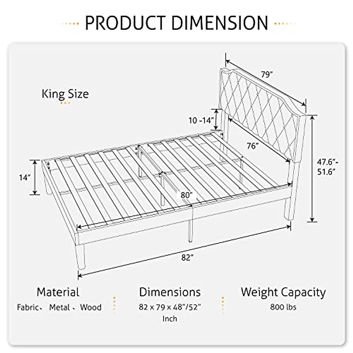 SHA CERLIN King Size Upholstered Platform Bed with Curved Rhombic Button Tufted Headboard, Easy Assembly, Light Grey