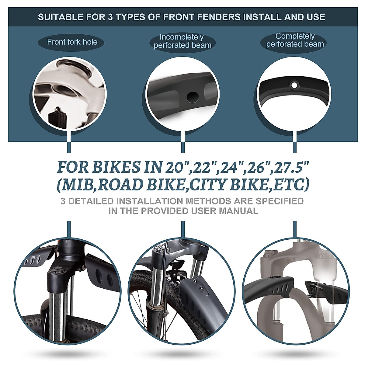 Bike Fender Set with 26ft DIY Reflective Tape, Adjustable Bicycle Fenders for 22"/24"/26"/27.5", 3 Parts-Universal Full Cover Thicken Widen, Front/Rear Mud Guards Fit for MTB Mountain Road Bike