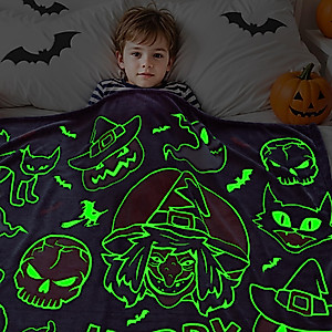 IEOEO Witchy Halloween Blanket Glow in The Dark Blanket for Kids Women Adults Pumpkins Halloween Decorations for Bedroom