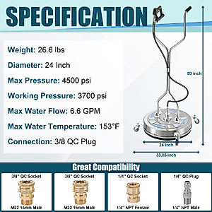 FIXFANS 24" Pressure Washer Surface Cleaner with 4 Wheels, Dual Handle, Stainless Steel Power Wash Surface Washer Attachment, 4500 PSI Pressure Washer Accessory for Driveway Sidewalk Patio Cleaning