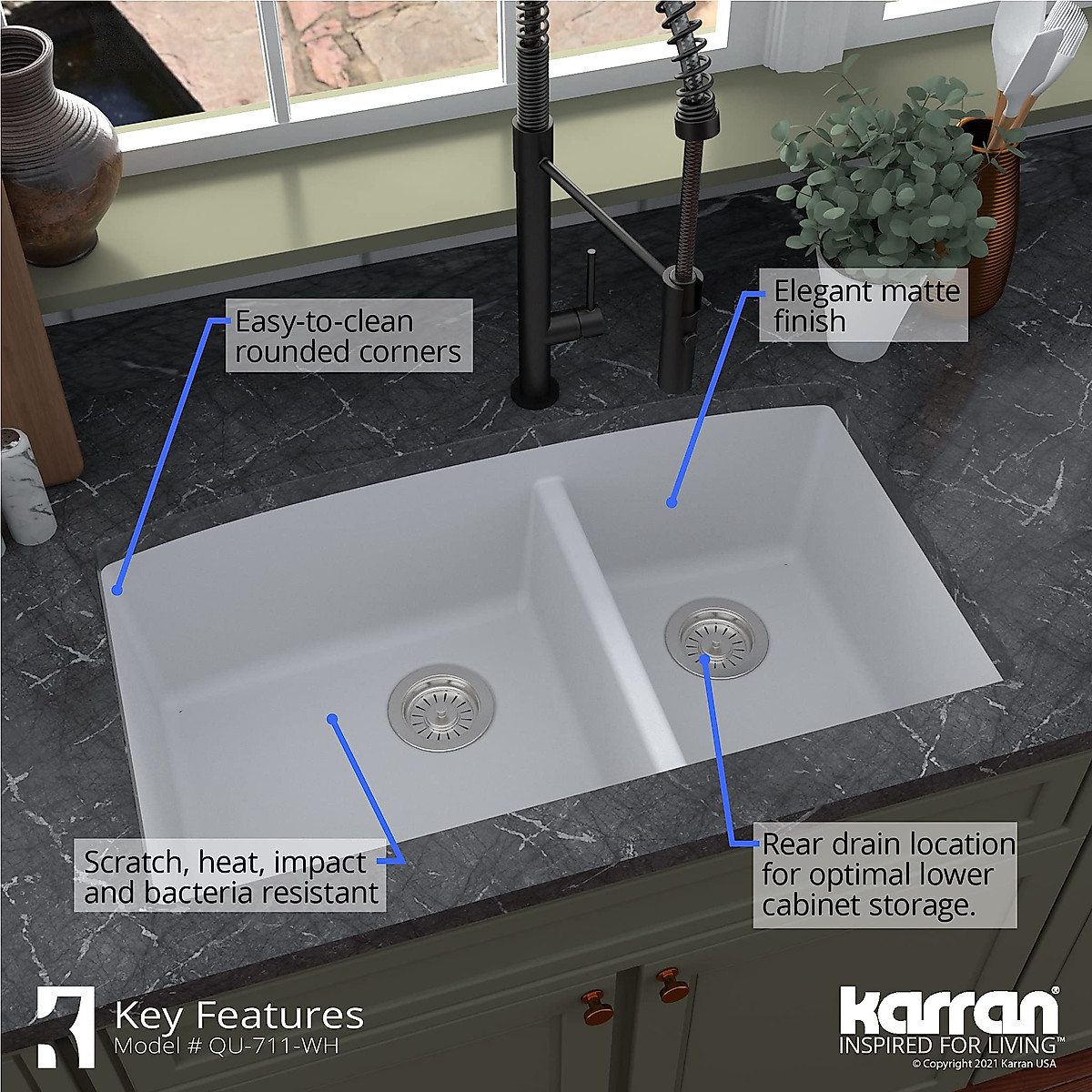 Karran QU-711 Undermount Quartz/Granite Composite Kitchen Sink 32 in. 60/40 Double Bowl in White