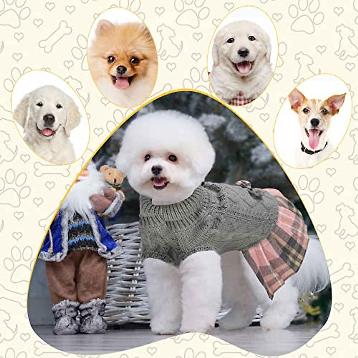 Weewooday 2 Pieces Dog Sweater Plaid Dress Turtleneck with Bow Tie Cold Weather Sweater Pet Sweater Pullover Knitwear Puppy Sweater for Fall Winter Red and Gray (Medium)