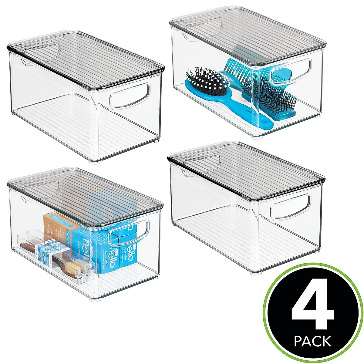 mDesign Deep Plastic Bathroom Storage Bin Box, Lid/Built-In Handles, Organization for Makeup, Hair Styling Tools, Toiletry Accessories in Cabinet, Shelves, Ligne Collection, 4 Pack, Clear/Smoke Gray