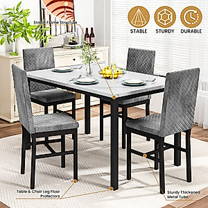 Recaceik Dining Table Set for 4, Kitchen Table and Chairs Set of 4, Faux Marble Dinner Table Set with 4 Upholstered Velvet Chairs, Dining Room Table Set for Kitchen Dining Room (White & Grey)