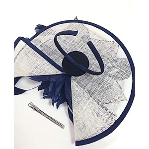 Z&X Navy Blue And White Fascinator Hat Sinamay Feather Floral Derby Hat For Women, Fascinator 1- Navy Blue+White, ONE SIZE