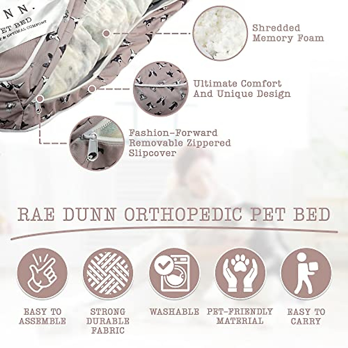 Rae Dunn Dog Bed, Memory Foam Pet Bed with Removable Cover for Small, Medium, and Large Dogs, Durable Dog Mattress, Large, Taupe
