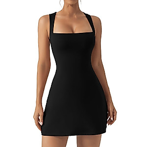 QINSEN Woman's Square Neck Tank Top Dress Tummy Control High Waist Flared Tennis Dress Black Small
