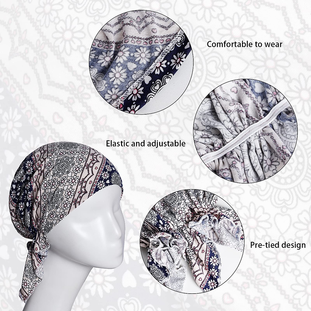 4pcs Pre-Tied Chemo Head Scarf Beanie Covers Cap Head Scarves Sleep Turban Hat Women Bandana with Stretch Print Ruffle Multicolor