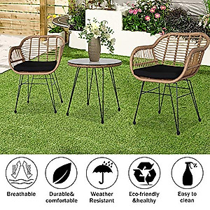 TRRAPLE 3 Pieces Patio Furniture Set, Outdoor Wicker Patio Furniture Sets Modern Bistro Set Rattan Chair Conversation Sets with Glass Top Side Table for Yard and Garden
