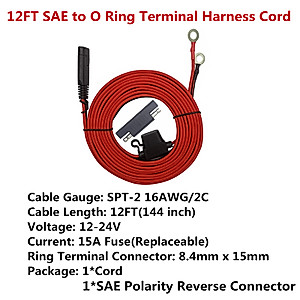 SAE Connector Ring Terminal Harness - 12FT SAE Plug to Ring Terminal Harness Assembly Cord 16AWG 2 Pin Quick Disconnect Battery Extension Cable with 15A for Car Motorcycle RVs Boats Solar Panel