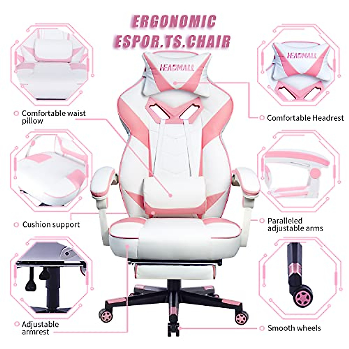 Pink Gaming Chair with Footrest 350LBS Load-Bearing Ergonomic Racing Computer Chair PU Leather with Adjustable Headrest and Lumbar Support for Girls Womens
