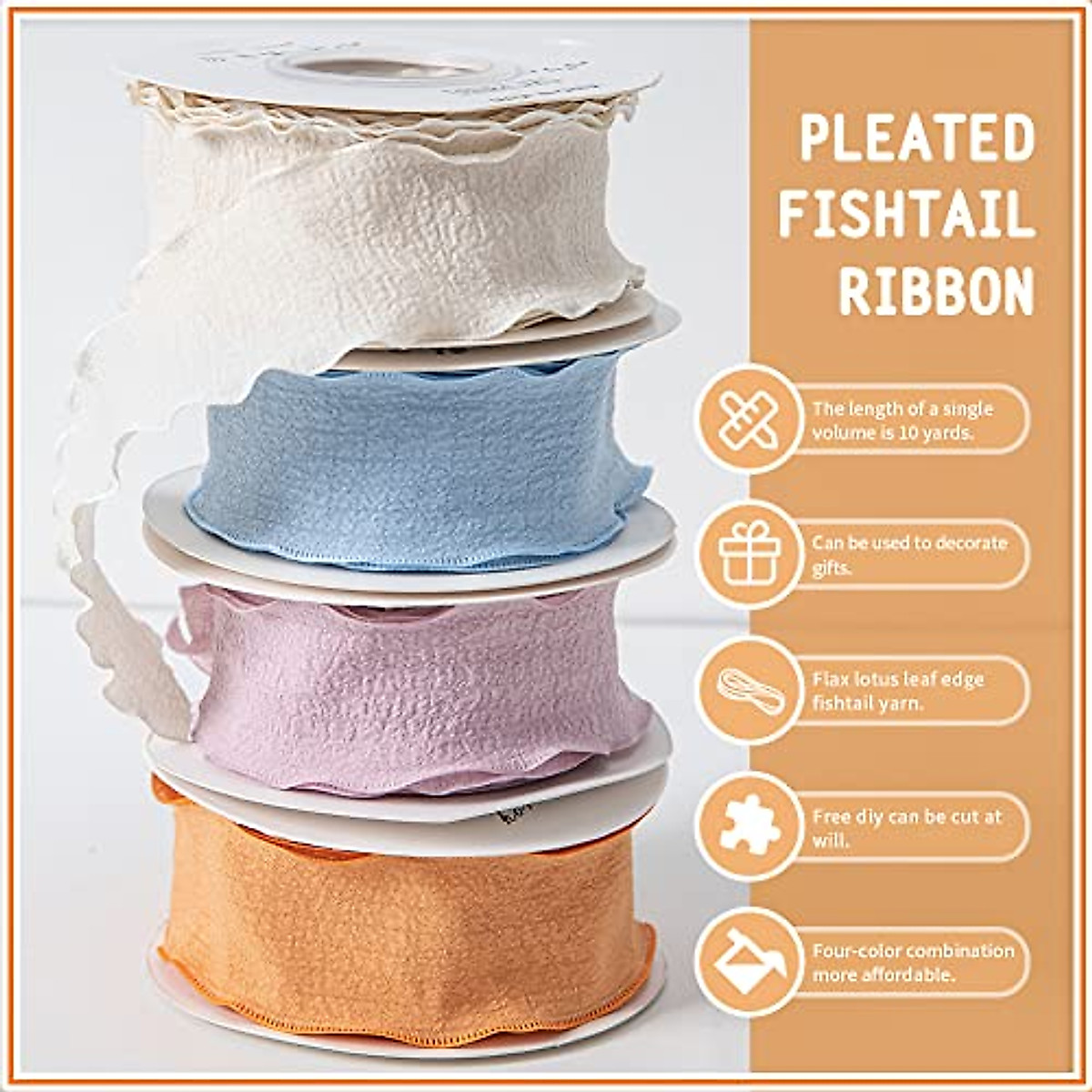 Ornales Chiffon Ribbon 1-1/2"x 10yd Cotton Texture Lotus Leaf Edge for Gift Wrapping Baking Decor Party Decor Rustic Wedding Invitation Bows Florist Bouquet Supplies (Basic)