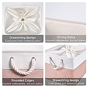 HOdo Home Fabric Storage Bin with Drawstring Closure and 2 Bold Handles, Collapsible Large Canvas Storage Baskets for Organizing Shelf Nursery Home Closet (White&Pink, 15.8L×11.8W×9.5H - 3Pack)