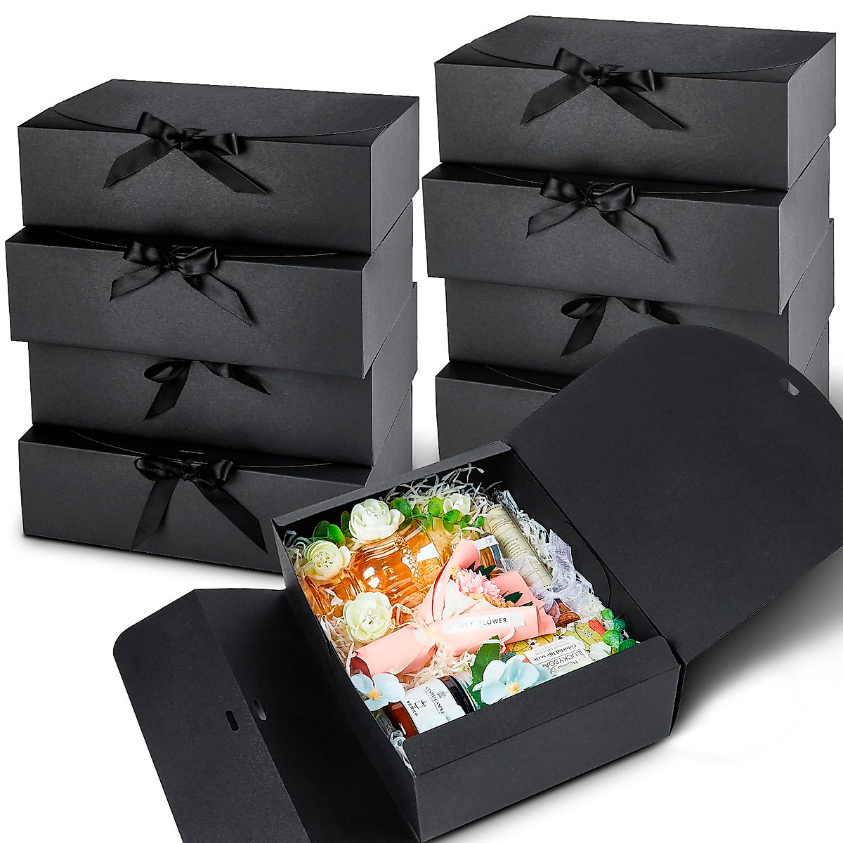 Kucoele 15 PCS Black Gift Boxes with Ribbons, Bridesmaid Proposal Boxes with Lids Present Packaging Boxes for Wedding, Birthday, Party and Bride Shower, 10.6 x 7.8 x 3.1 Inches