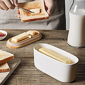 DOWAN Porcelain Butter Dish, Covered Butter Container with Wooden Lid for Countertop, Airtight Butter Keeper with Covers for East West Coast Butter, White