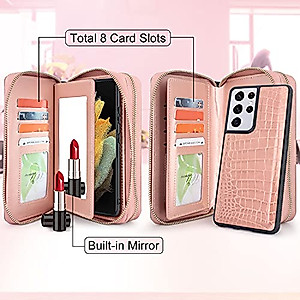 Harryshell Compatible with Samsung Galaxy S21 Ultra 5G (6.8") Case Wallet Multi Zipper Detachable Magnetic Cover Card Slots Holder Money Pocket Mirror Crossbody Strap (Crocodile Rose Gold)