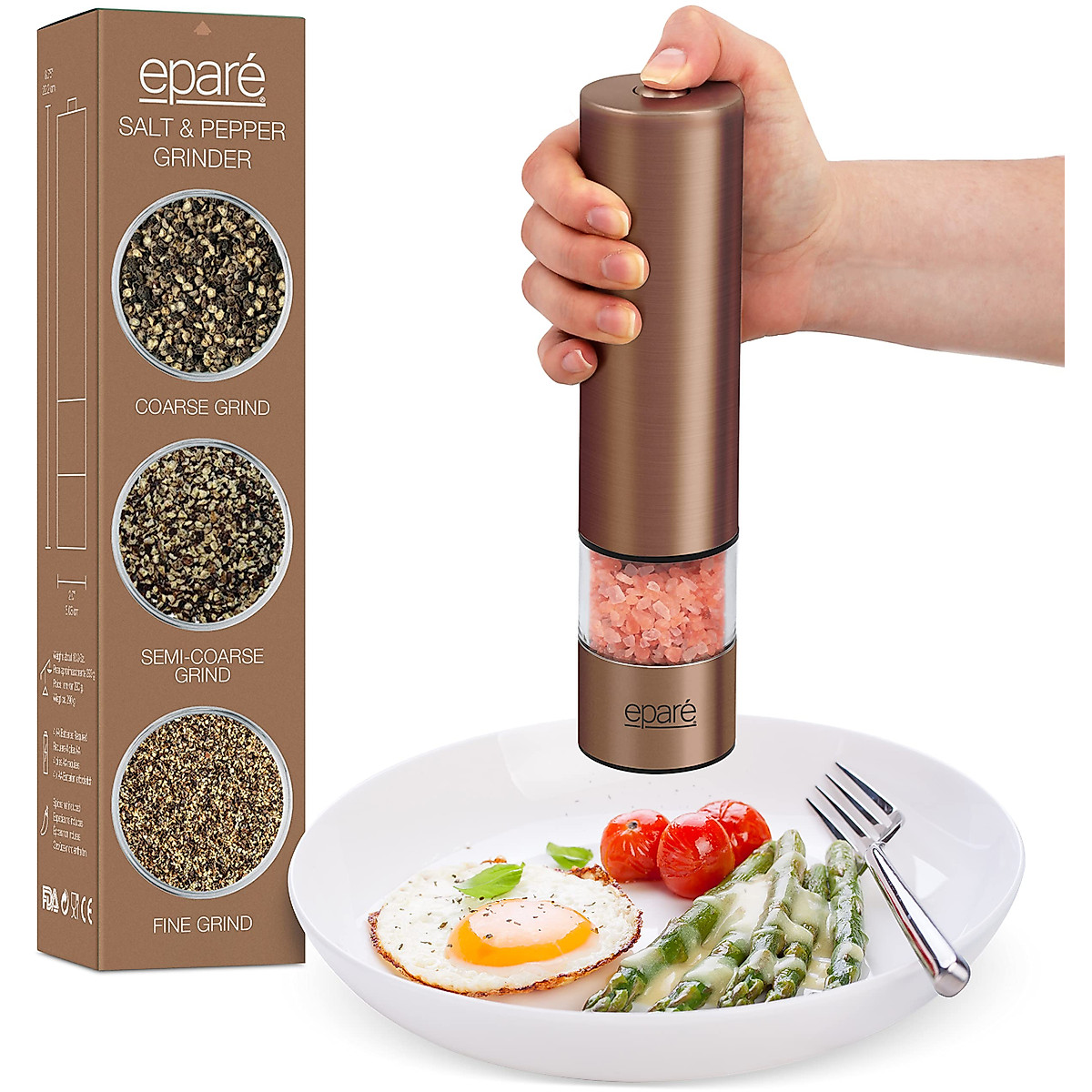 Eparé Bundle: Electric Salt or Pepper Grinder - Battery Operated Ceramic Burr Peppermill Shaker (Metallic) & Electric Salt or Pepper Grinder - Battery Operated Ceramic Burr Peppermill Shaker (Copper)