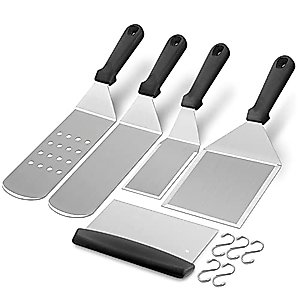 Griddle Accessories Kit of 5, HaSteeL Heavy Duty Metal Spatula, Professional Stainless Steel Flat Top Griddle Tools Set, Pancake Flipper/Griddle Scraper/Hamburger Turner for BBQ Grilling Cast Iron