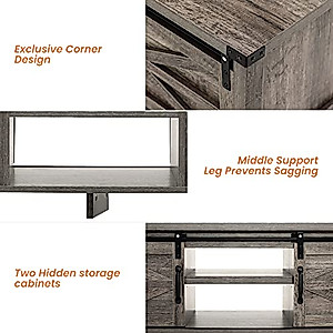 St.Mandyu Farmhouse Coffee Table with Hidden Compartment and Storage Cabinets Shelves, Wood Rectangular Tables with Sliding Barn Doors for Living Room Reception (Dark Grey)