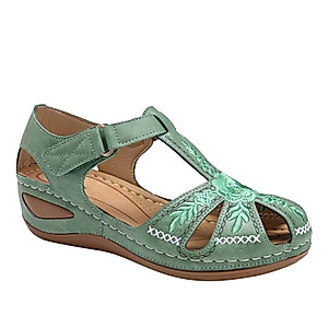 Cfcys Closed Toe Sandals - Women's 90S Vintage Flower Pattern Embroidery Upper Wedge Shoes Ankle Wrap Hook & Loop Sandals, Green, 7.5