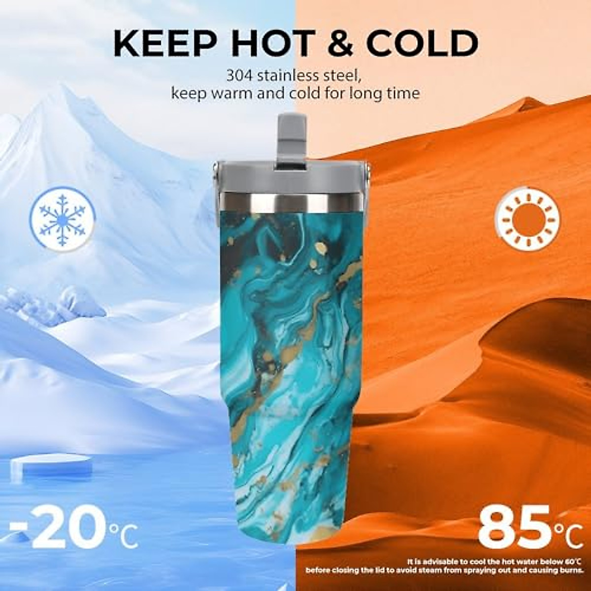 30 Oz Tumbler with Handle And Straw, Turquoise Blue Gold Marble Leakproof Stainless Steel Water Bottle for Hot & Cold Drinks 24 Hours, Car Cup Holder Friendly, Travel Mug for Home, Office, Gym