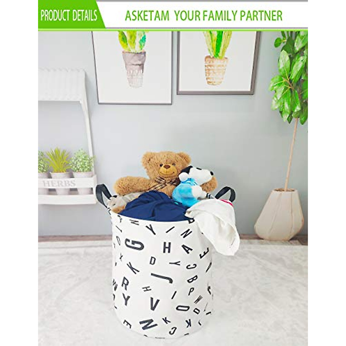 ASKETAM Fabric Laundry Basket Canvas Laundry Hamper for Dirty Clothes Toy Organizer Kid Nursery Room Decor Basket (letter)