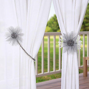 SUQ I OME 2 Pack of Handmade Crystal Pearl Beaded Magnetic Flower Curtain Tieback Holdback for Drapes（Gray