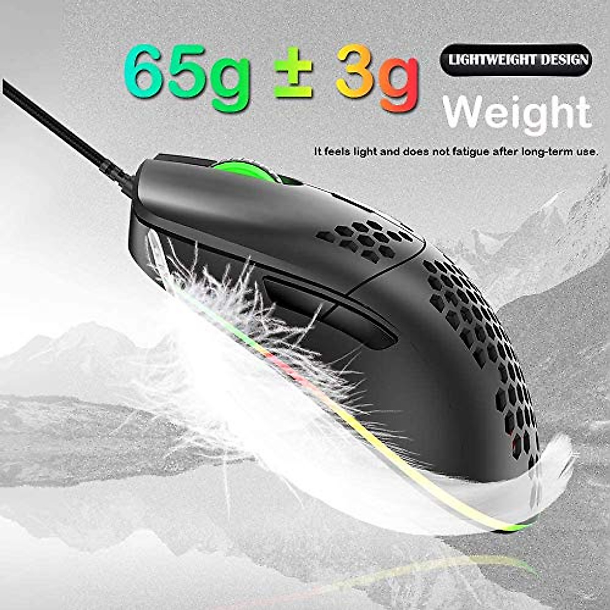 Wired Lightweight Gaming Mouse,6 RGB Backlit Mouse with 7 Buttons Programmable Driver,6400DPI Computer Mouse,Ultralight Honeycomb Shell Ultraweave Cable Compatible with PC Gamers,Xbox,PS4 (black)