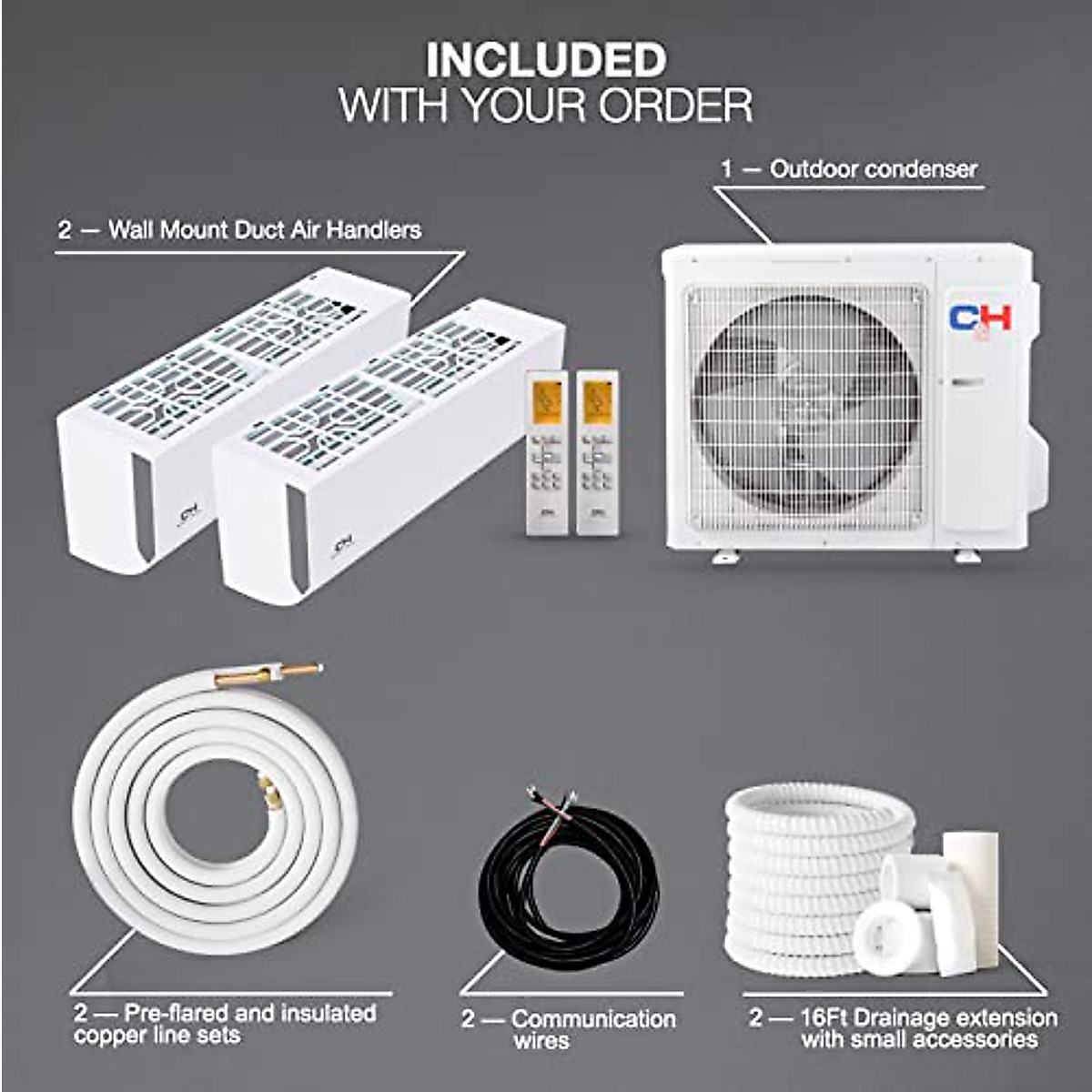 Cooper & Hunter Dual Zone 9,000 + 12,000 BTU Ductless Mini Split AC/Heating System, Pre-Charged, Heat Pump, 21.3 SEER Including 25FT Copper Line Set And Communication Wires