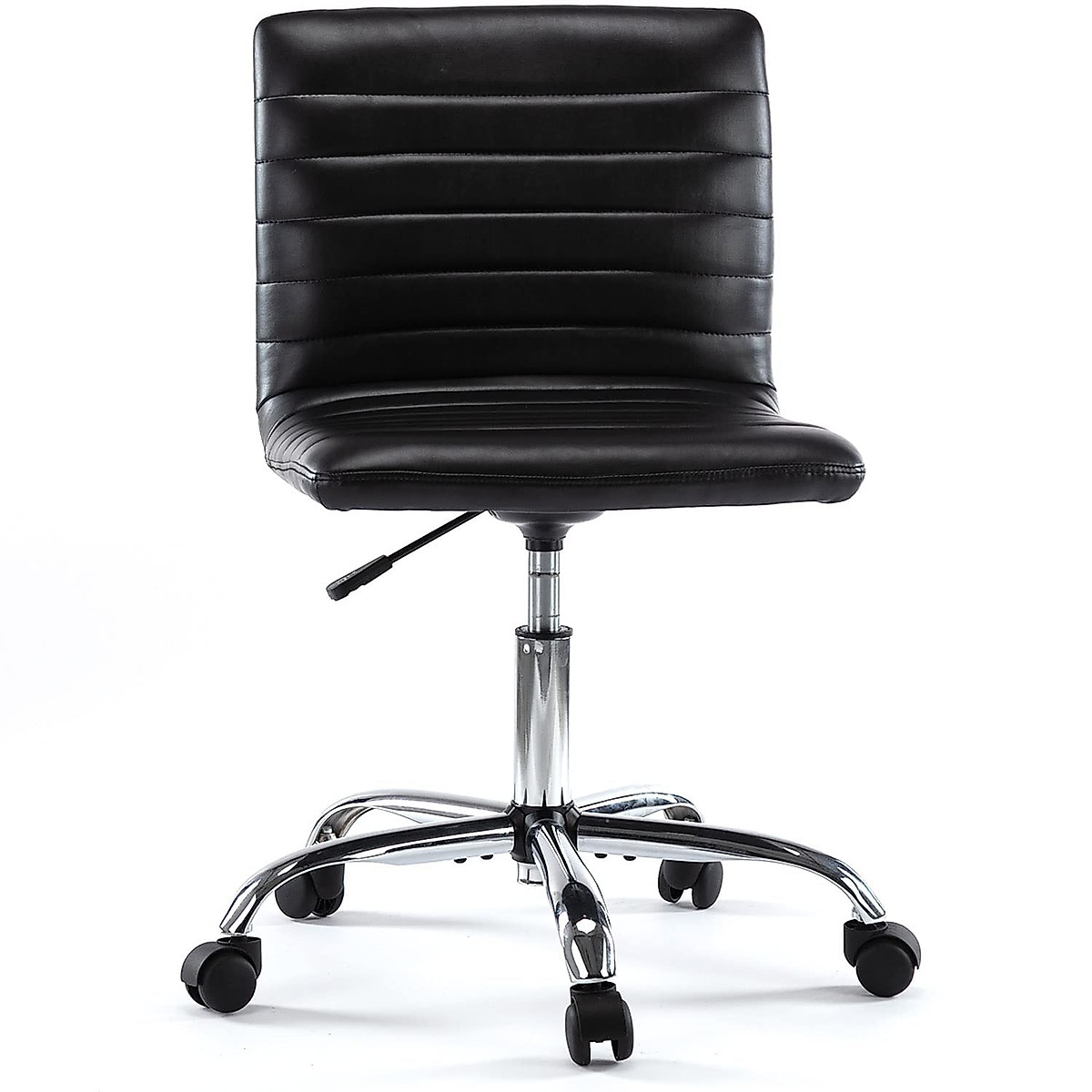MCQ Armless Ribbed Home Desk Wheels, Faux Leather Office Adjustable Task, Mid Back Swivel Computer Chair, Jet Black
