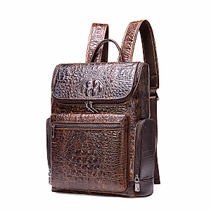 Premium Leather 14 Inch Laptop Backpack Large Capacity Daypack for Travel Hiking Camping, Crocodile Embossed Black