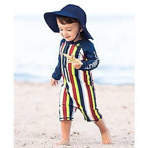 RUGGEDBUTTS Baby/Toddler Boy Swimsuit, One Piece Zipper Rash Guard Sunsuit with UPF 50+ Sun Protection - Sunset Stripe - 12-18m