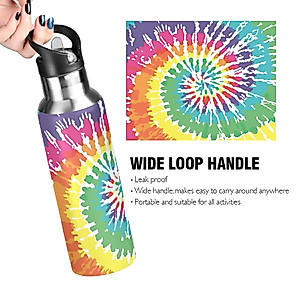 Insulated Water Bottle with Straw Lid for Kids and Drivers,Sports and Travel Reusable Double Wall Vacuum-Insulated Stainless Thermos with Wide Handle,BPA-Free,21-Ounce (600ml),Tie Dye