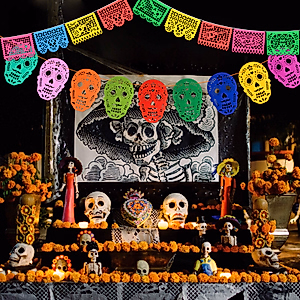 HOWAF 2 Pcs Plastic Papel Picado Mexican Fiesta Banners Day of The Dead Skull Bunting Banner Halloween Dia De Los Muertos Mexicano Banners for Cinco De Mayo Decorations Mexican Party Supplies