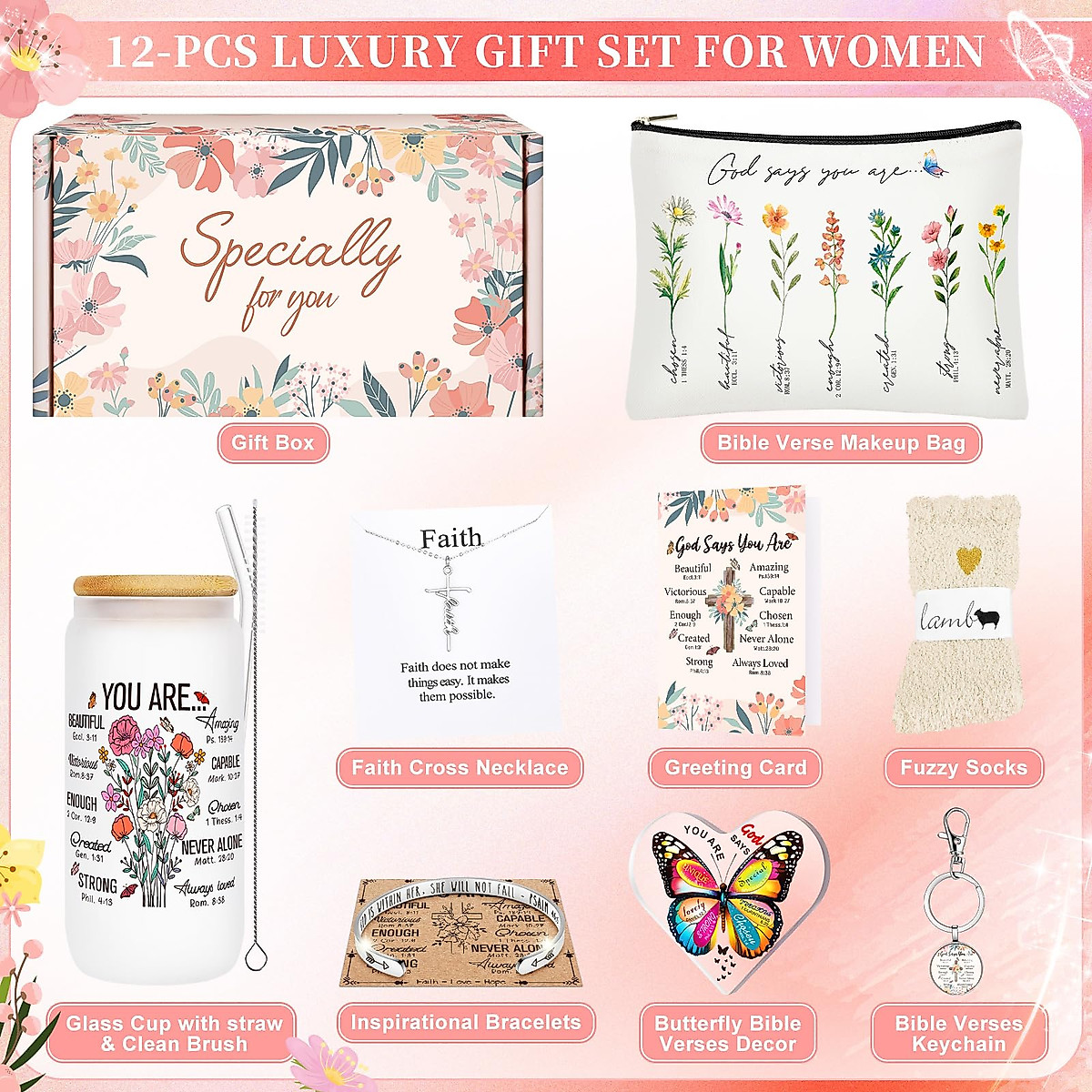 12PCS Christian Gifts for Women Faith,Inspirational Gifts for Women,Christian Birthday Gifts,Spiritual Religious Gifts, Get Well Soon Gifts for Mom,Friends,Sister,Wife,Girlfriends