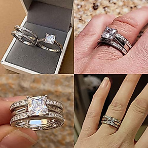 Wuziwen Princess Bridal Ring Set for Women Wedding Band Guard Enhancers CZ Sterling Silver Size 7