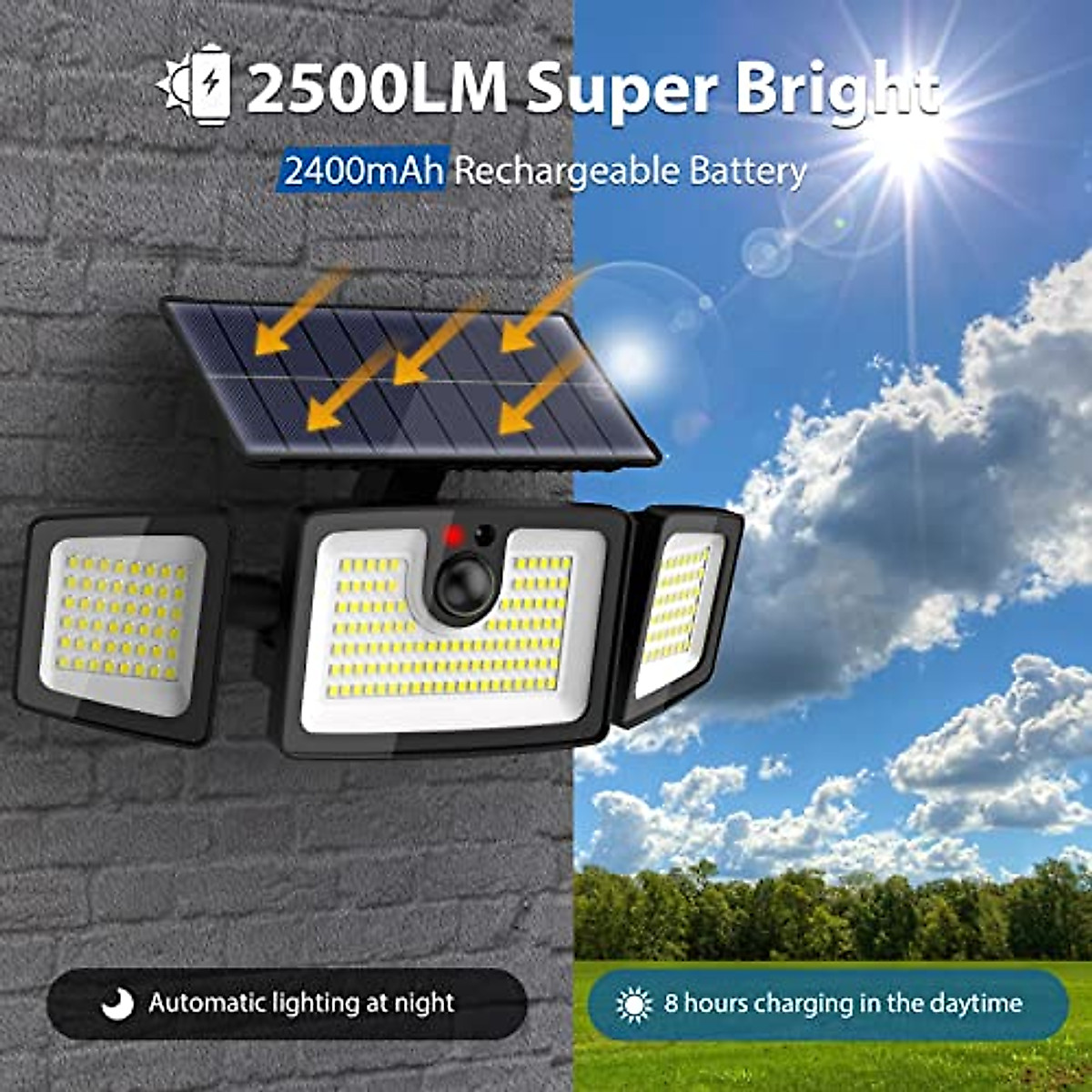 iMaihom Solar Flood Lights Outdoor, 2500LM 202 LED Security Lights, 3 Heads Motion Sensor Lights with Remote Control, IP65 Waterproof, 270°Wide Angle Flood Wall Lights for Yard Porch Garden, 2 Pack