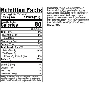 Plum Organics Mighty 4 Organic Toddler Food - Banana, Blueberry, Sweet Potato, Carrot, Greek Yogurt, and Millet - 4 oz Pouch (Pack of 12) - Organic Fruit and Vegetable Toddler Food Pouch