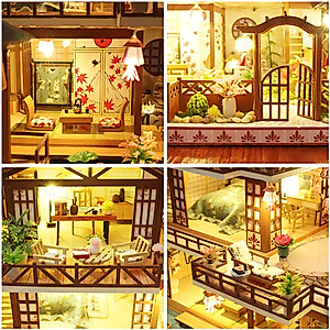 Yuzhen DIY Miniature Dollhouse Kit with Furniture and LED Lights, Japanese Wooden Dollhouse Includes Dustcover and Music Box, Collectibles for Hobbies