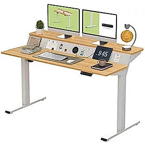 FLEXISPOT E1FR Height Adjustable Standing Desk 55 Inches 2 Tier Electric Sit Stand Up Home Office Desk with Memory Controller Pegboard Ergonomic Workstation (White Frame + 55" Maple Top)